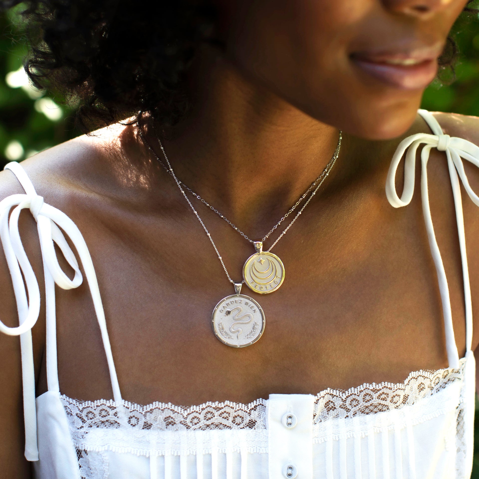 Pendant Coin Necklace with Symbol and Inspired Word - PROTECT – Jane ...